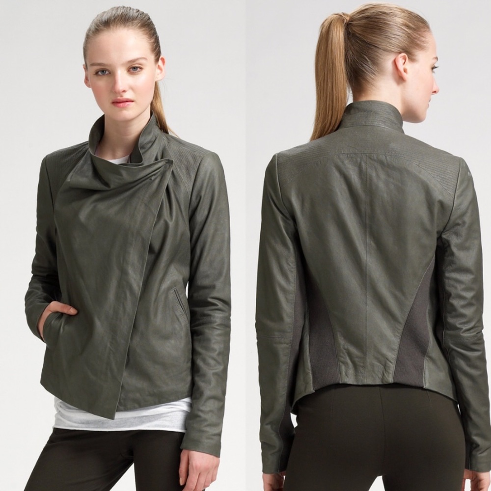 Vince Cowl Draped Asymmetric Leather Jacket - Gem